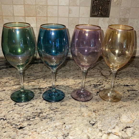 Dining | 4 Colorful Large Wine Gobletsglasses With Gold Rims Gold Blue ...